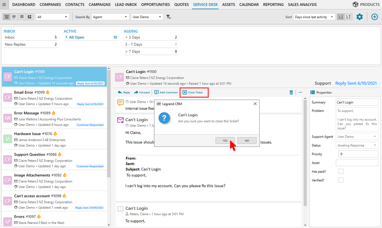 How to Close Service Desk Tickets – Legrand CRM Knowledge Base