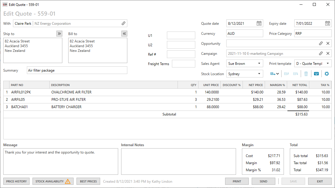 How to create and send a Quote – Legrand CRM Knowledge Base