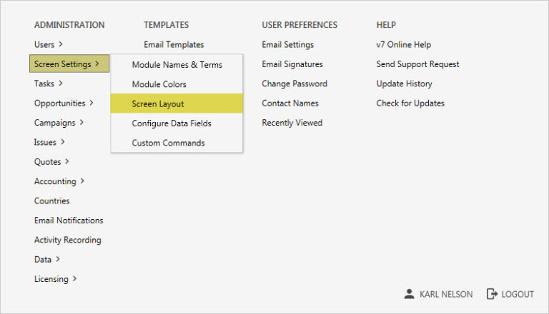 How to configure the screen layout – Legrand CRM Knowledge Base