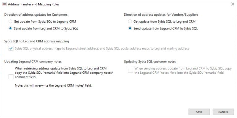 How To Specify Data Transfer Rules For Sybiz Sql Integration Legrand Crm Knowledge Base