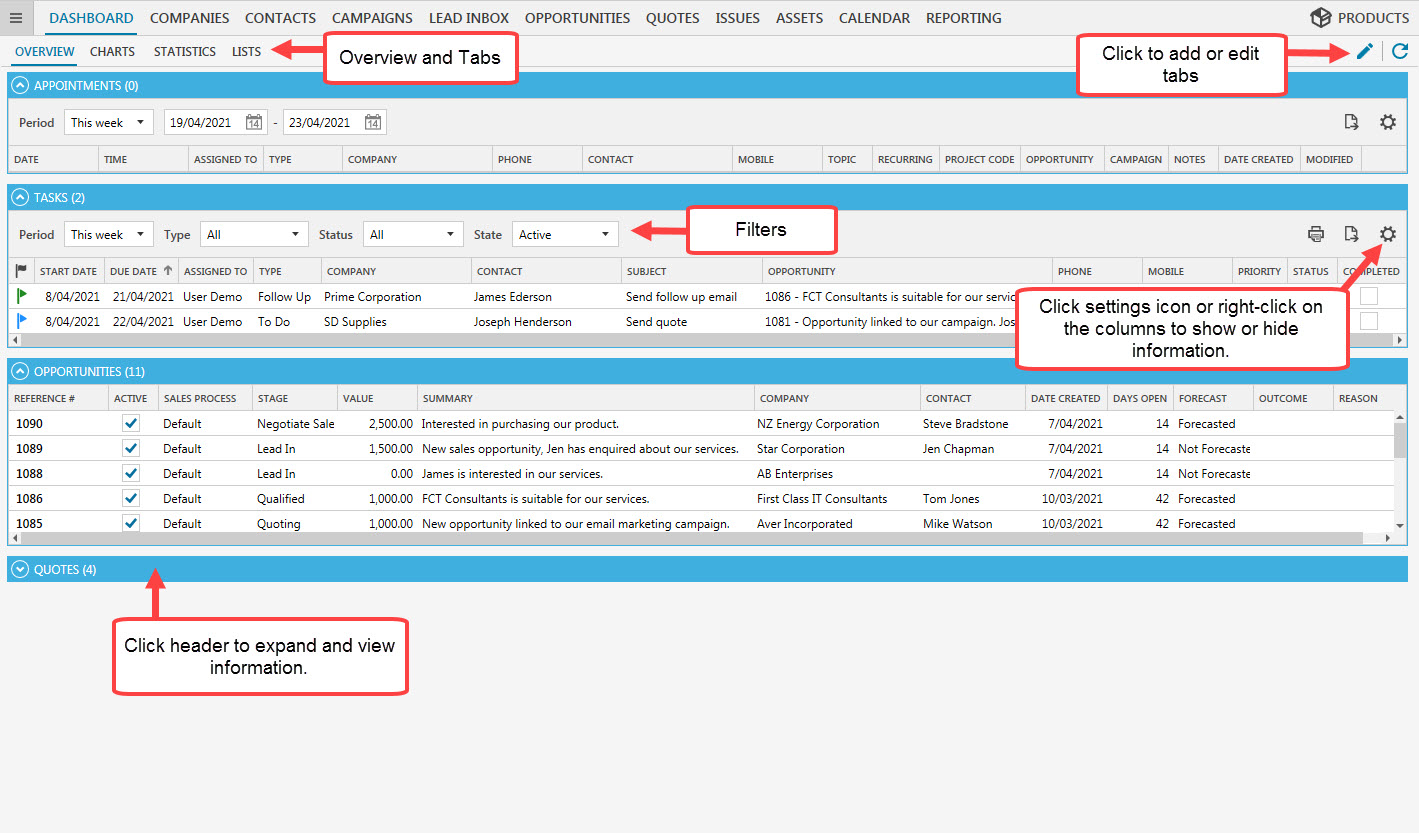 Dashboard Overview – Legrand CRM Knowledge Base