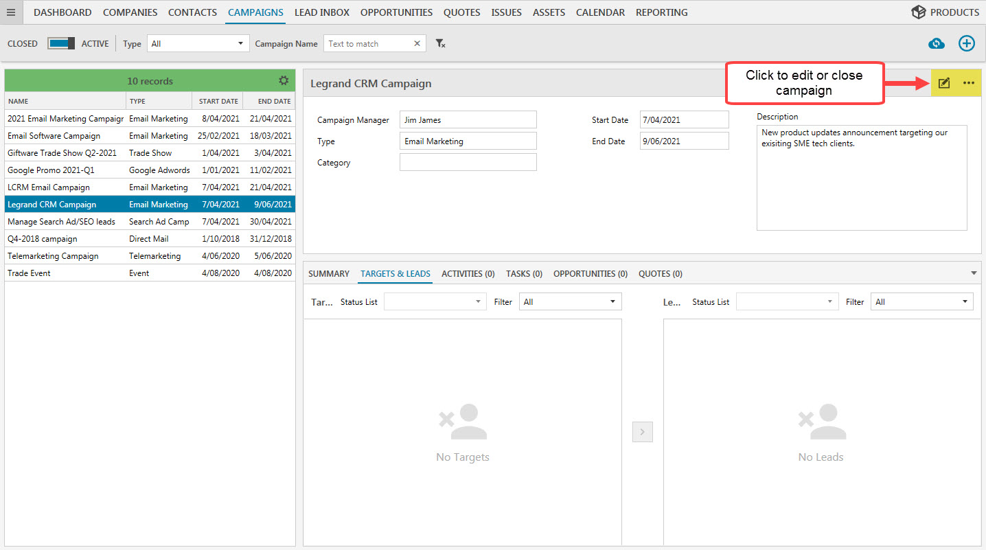 How to create a Legrand CRM Campaign – Legrand CRM Knowledge Base