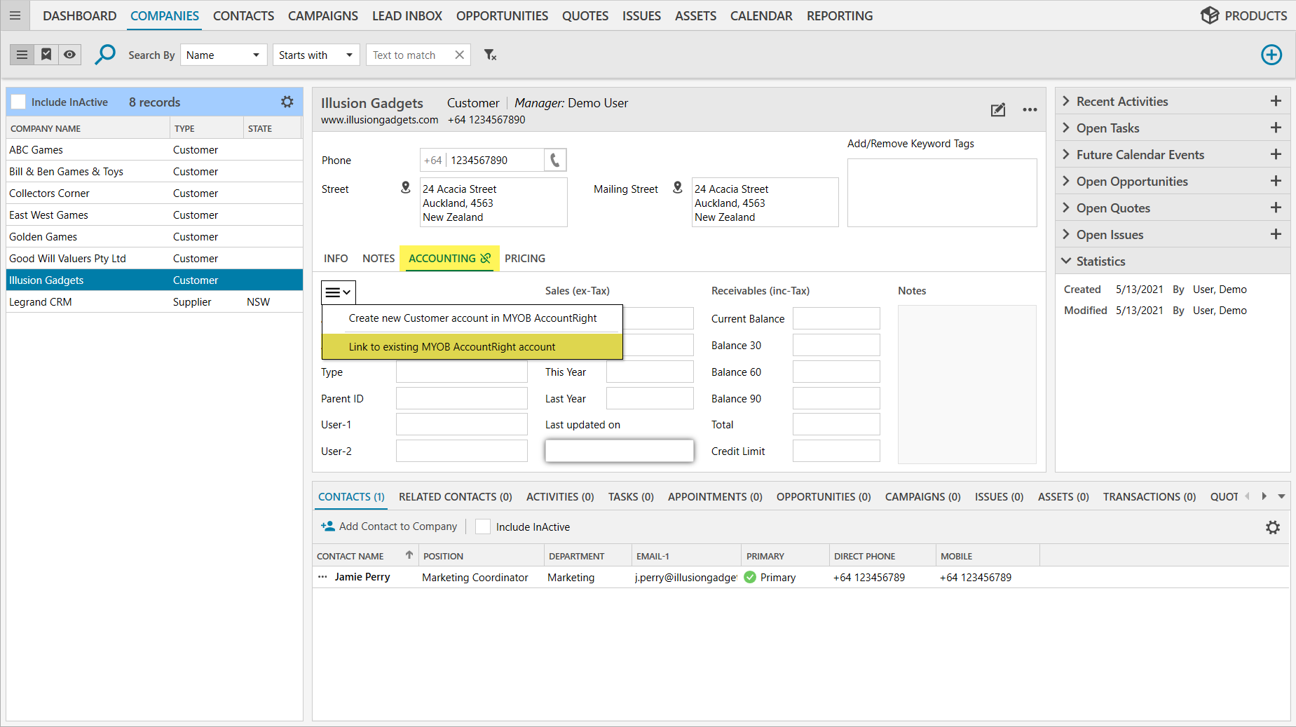 How to link a Legrand CRM Company to an existing Customer in MYOB ...